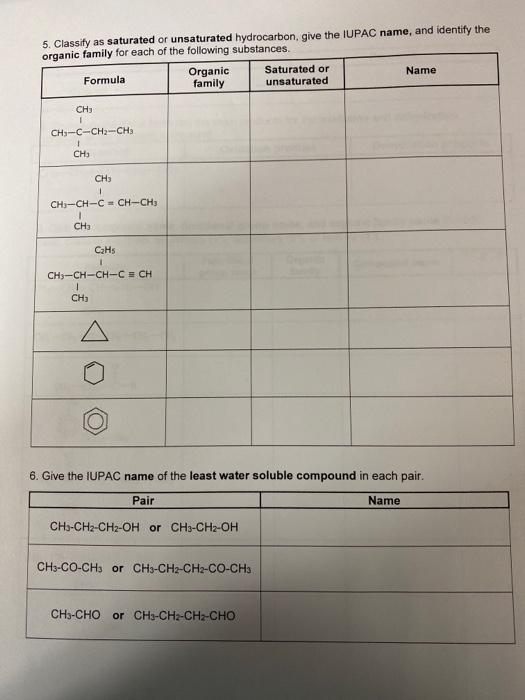 Solved 5. Classify as saturated or unsaturated hydrocarbon, | Chegg.com
