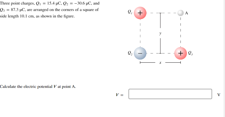 Solved Three point charges, Q1=15.4μC,Q2=-30.6μC, | Chegg.com