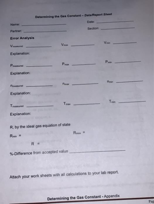 Determining the Gas Constant - Data/Report Sheet | Chegg.com
