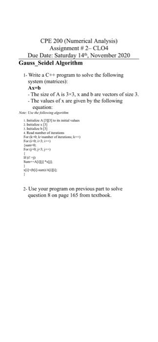 Solved CPE 200 (Numerical Analysis) Assignment #2- CLO4 Due | Chegg.com