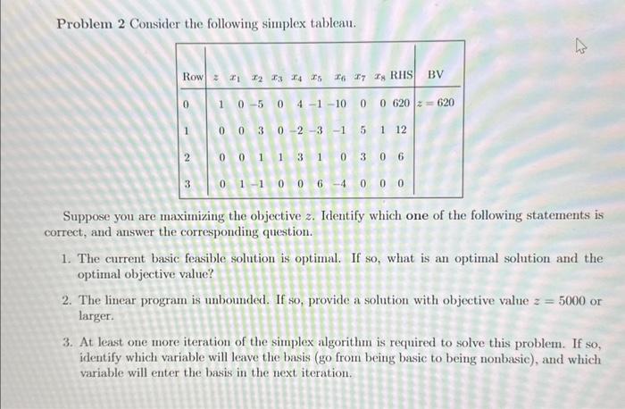 Solved Problem 2 Consider the following simplex tableau. | Chegg.com