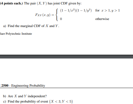Solved (4 ﻿points each.) ﻿The pair (x,Y) ﻿has joint CDF | Chegg.com