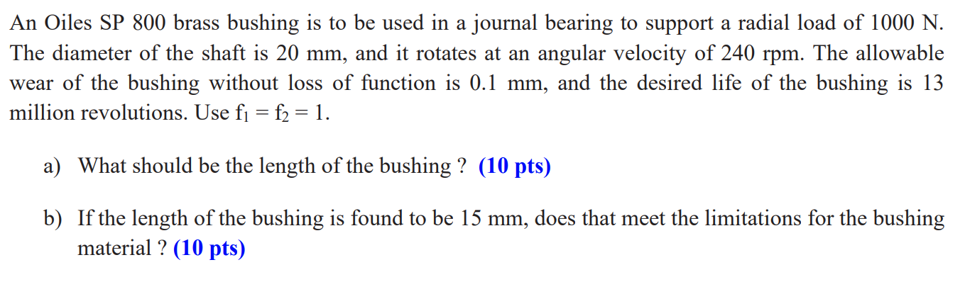 Solved An Oiles SP 800 ﻿brass bushing is to be used in a | Chegg.com