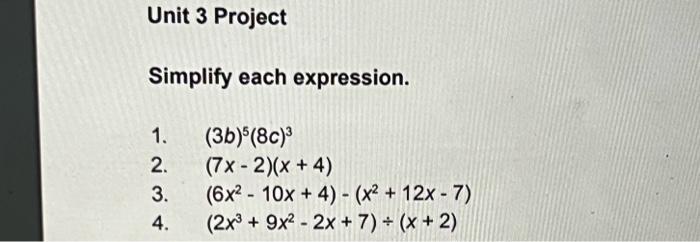 Solved Simplify each expression. 1. (3b)5(8c)3 2. | Chegg.com