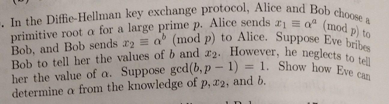 Solved In the Diffie-Hellman key exchange protocol, Alice | Chegg.com
