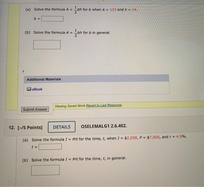 Solved (a) Solve the formula A - bh for b when A - 133 and h | Chegg.com