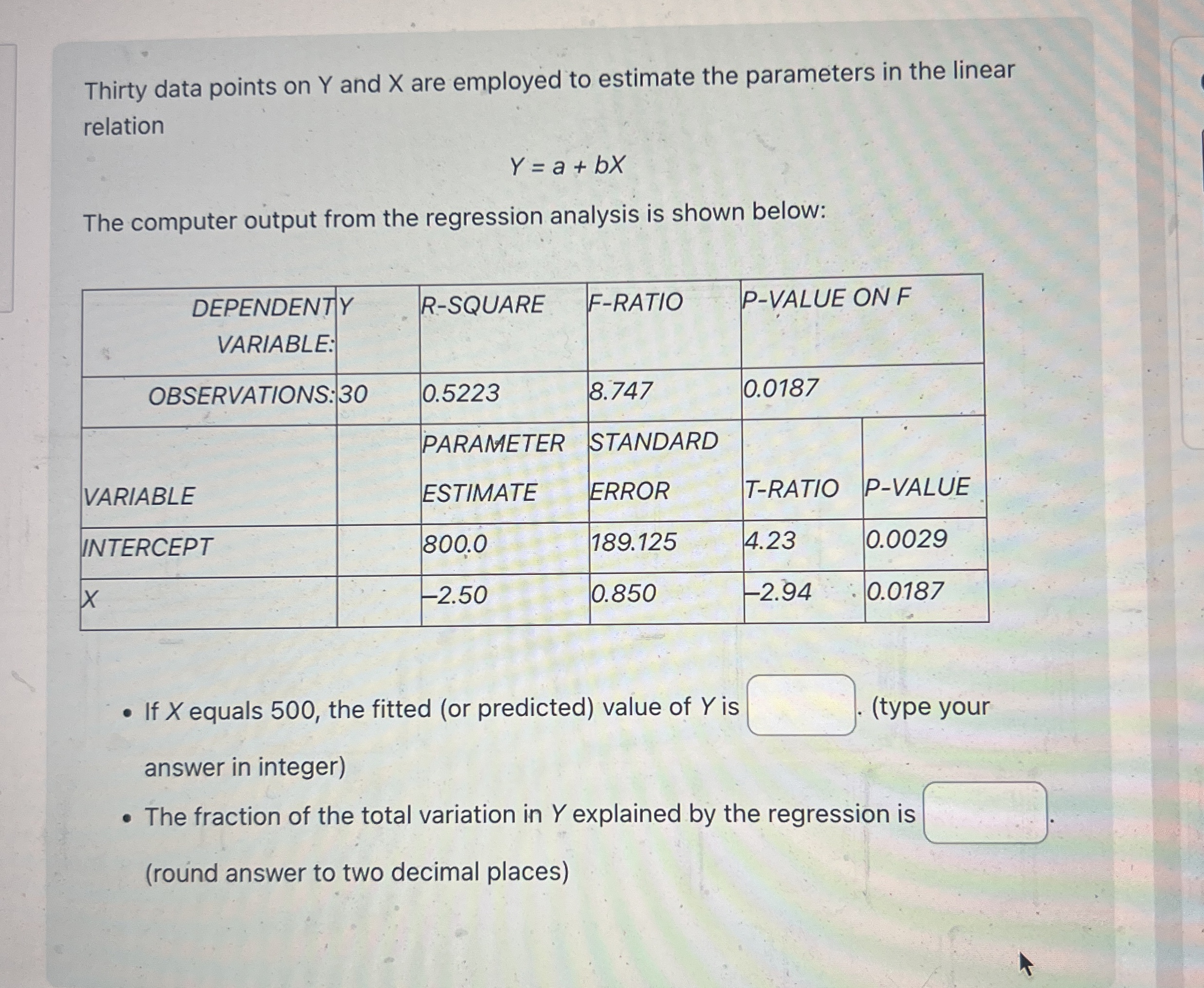Solved Thirty data points on Y ﻿and x ﻿are employed to | Chegg.com