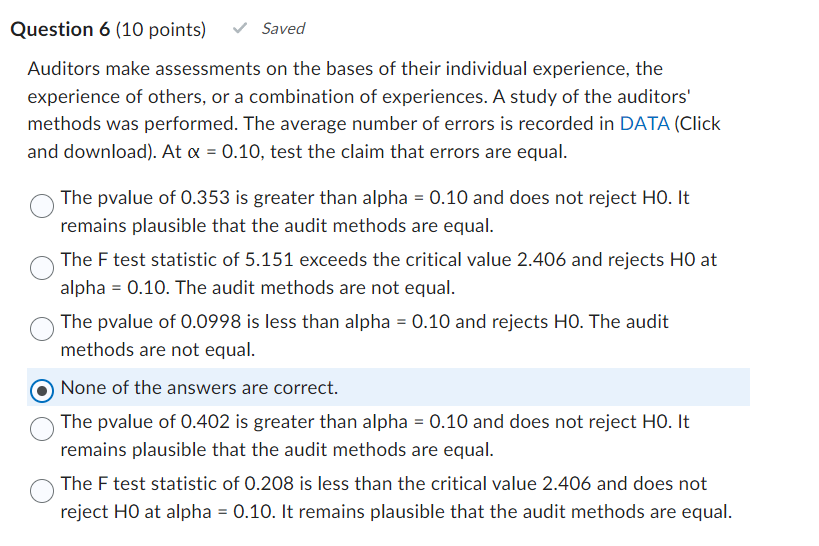 Solved Question 6 (10 ﻿points)Auditors make assessments on | Chegg.com