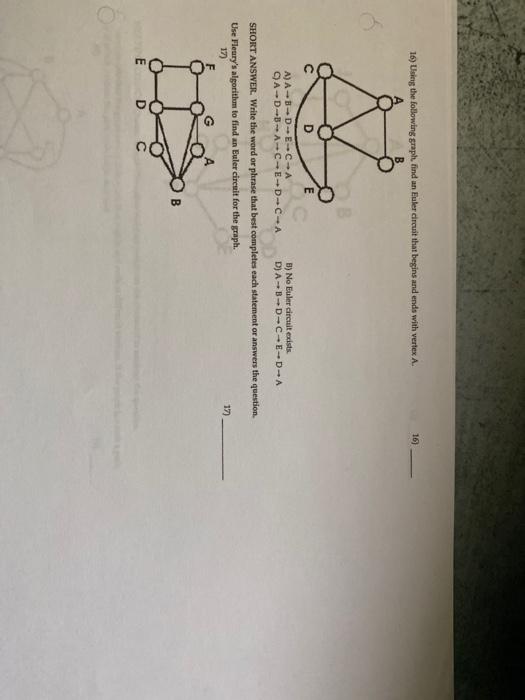 Solved 16) Using the following graph, find an Euler circuit | Chegg.com