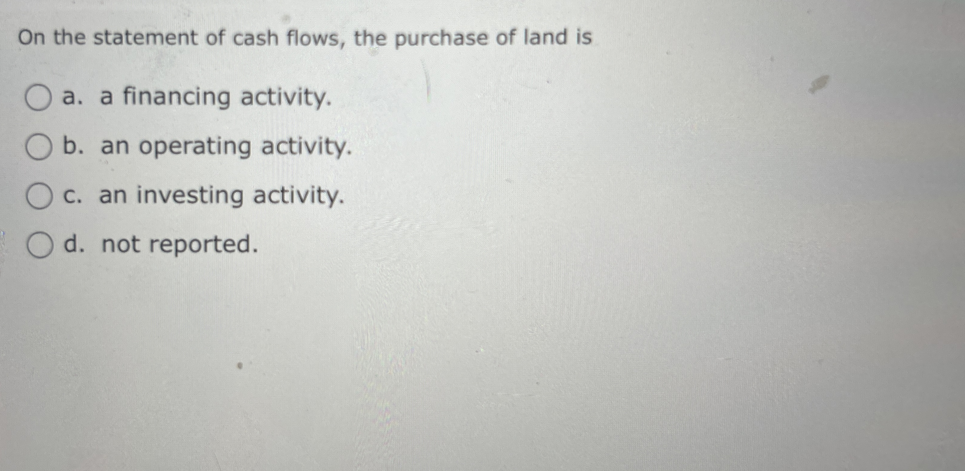 Solved On the statement of cash flows, the purchase of land | Chegg.com