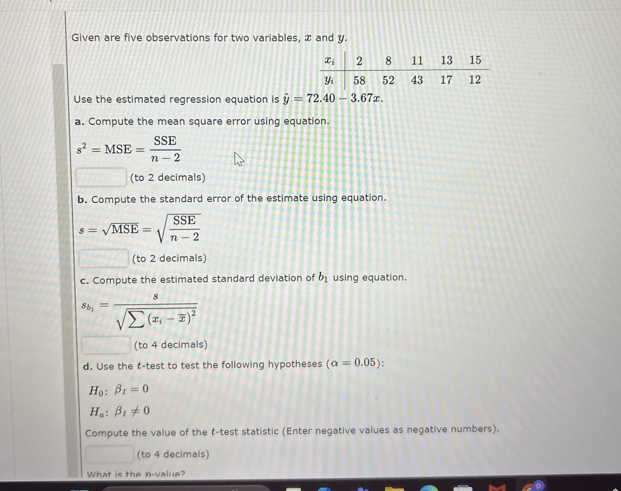 Solved Given are five observations for two variables, x ﻿and | Chegg.com