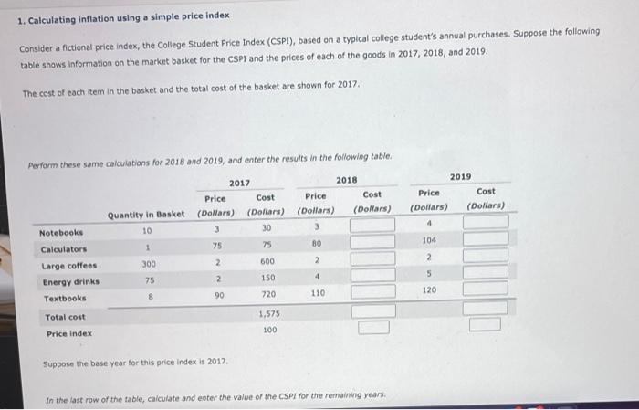 Solved 1. Calculating inflation using a simple price index | Chegg.com