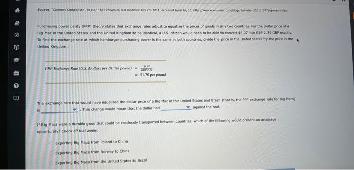 Solved Using data from The Economist's Big Mac Index for | Chegg.com