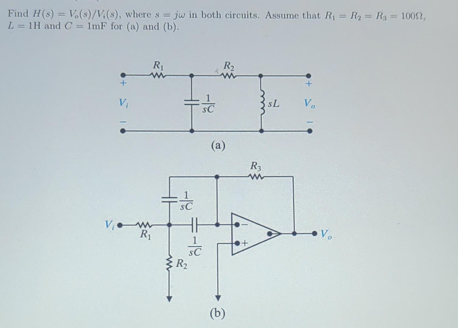 Solved Find H(s)=Vo(s)/Vi(s), where s=jω in both circuits. | Chegg.com