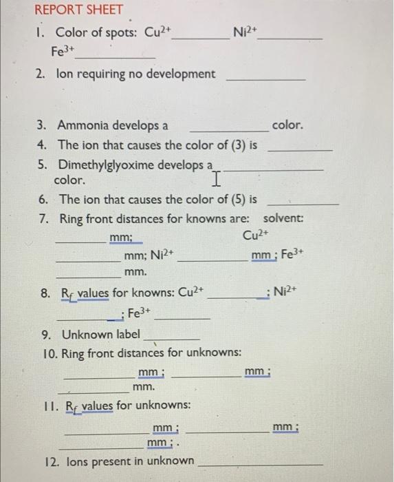 Solved REPORT SHEET 1. Color of spots: Cu2+ Fe3+ Ni2+ 2. lon | Chegg.com