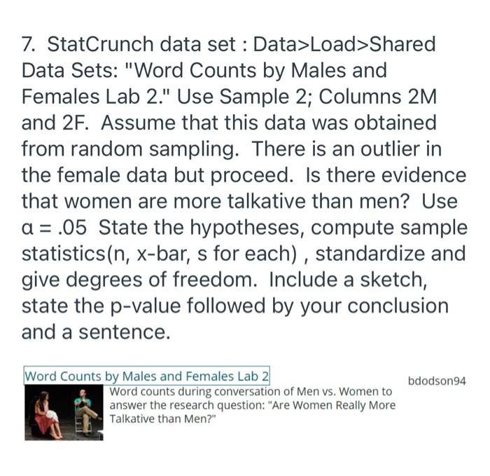 Solved 7. StatCrunch data set : Data>Load>Shared Data Sets: | Chegg.com