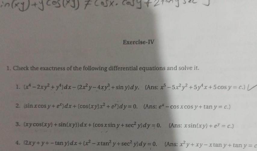 Solved Exercise-IVCheck the exactness of the following | Chegg.com