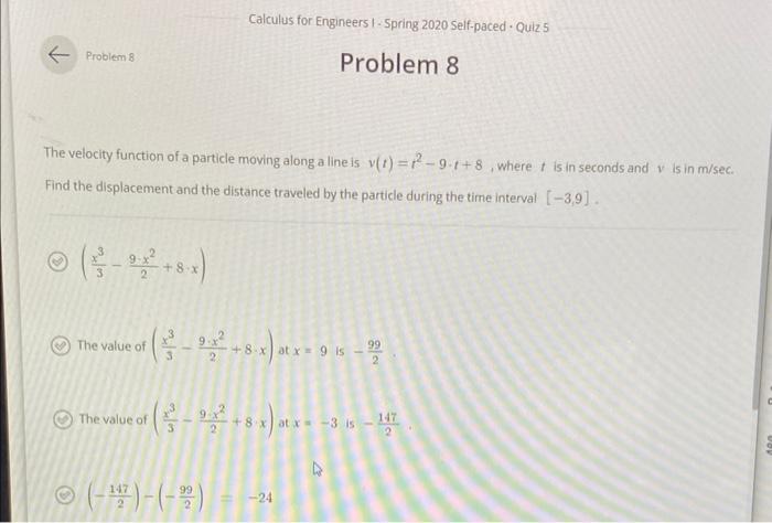 Solved ← Problem 8 Problem 8 The velocity function of a | Chegg.com