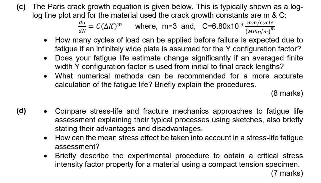 Solved da = dN (c) The Paris crack growth equation is given | Chegg.com
