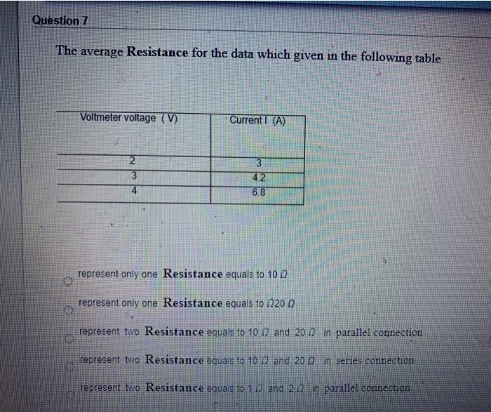 Solved Question 7 The average Resistance for the data which | Chegg.com