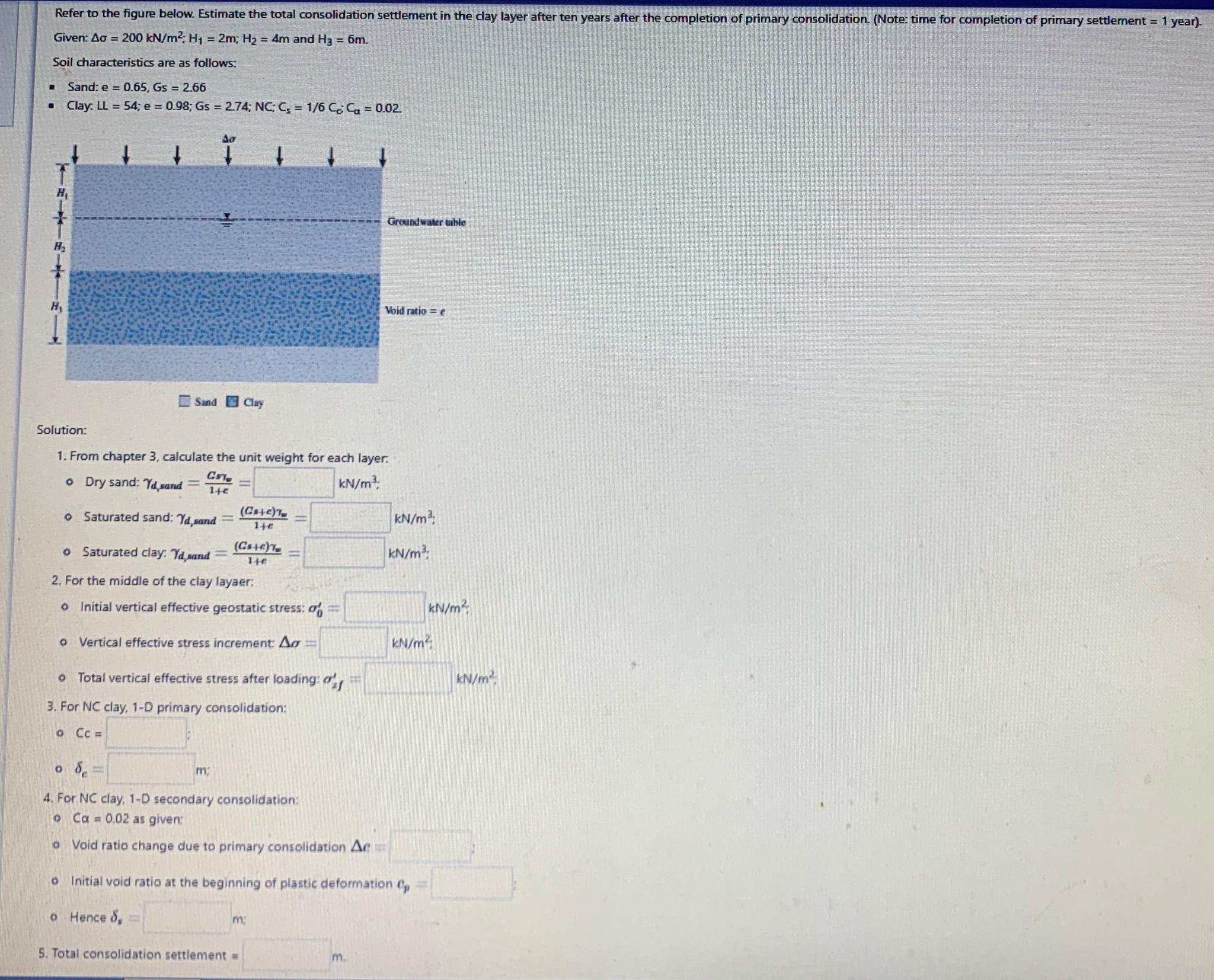 Given: Δσ=200kNm2;H1=2m;H2=4m ﻿and H3=6m.Soil | Chegg.com