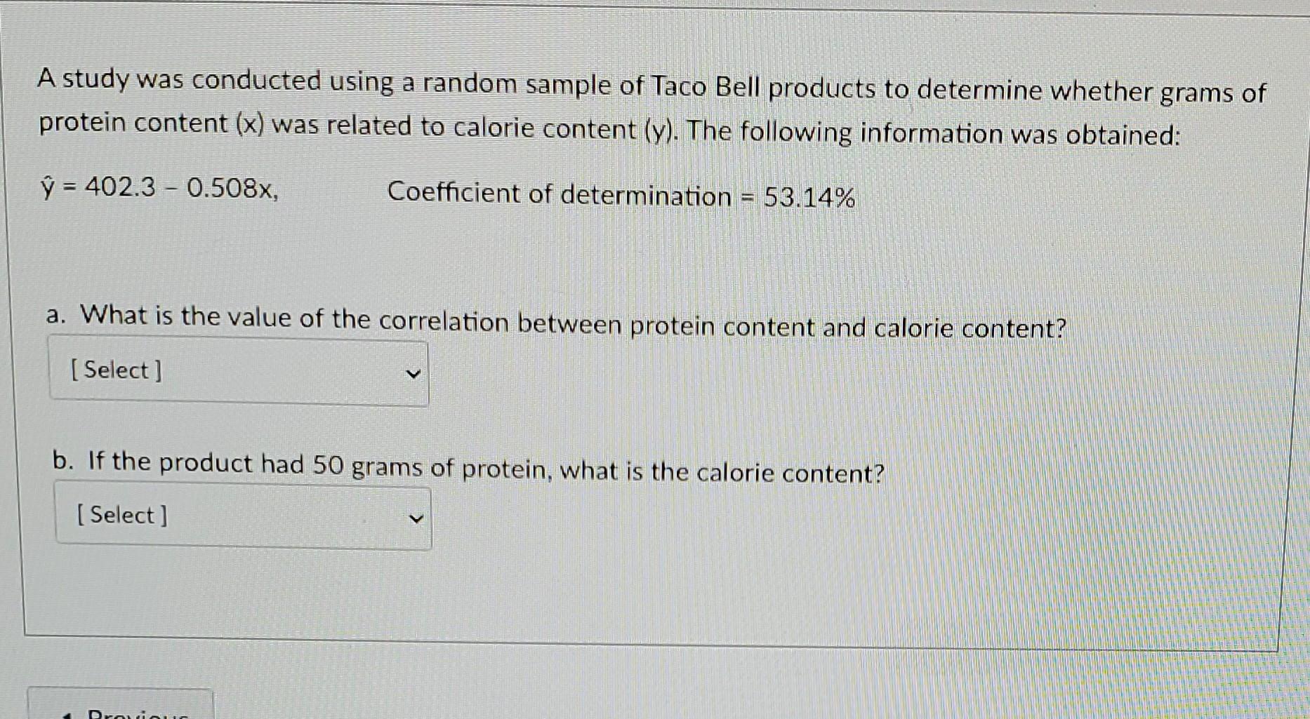 Solved A study was conducted using a random sample of Taco | Chegg.com