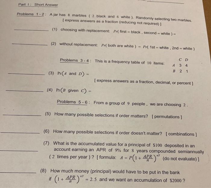 Solved Part 1: Short Answer Problems 1-2: A jar has 8 | Chegg.com