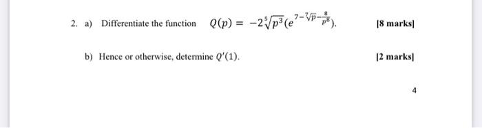 Solved 2. a) Differentiate the function | Chegg.com
