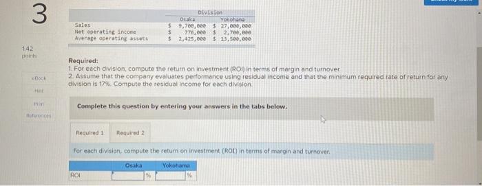 Solved 3 Sales Net operating income Average operating asset | Chegg.com