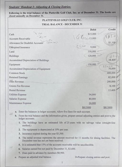 Solved Students' Handout 3: Adjusting & Closing Entries: | Chegg.com