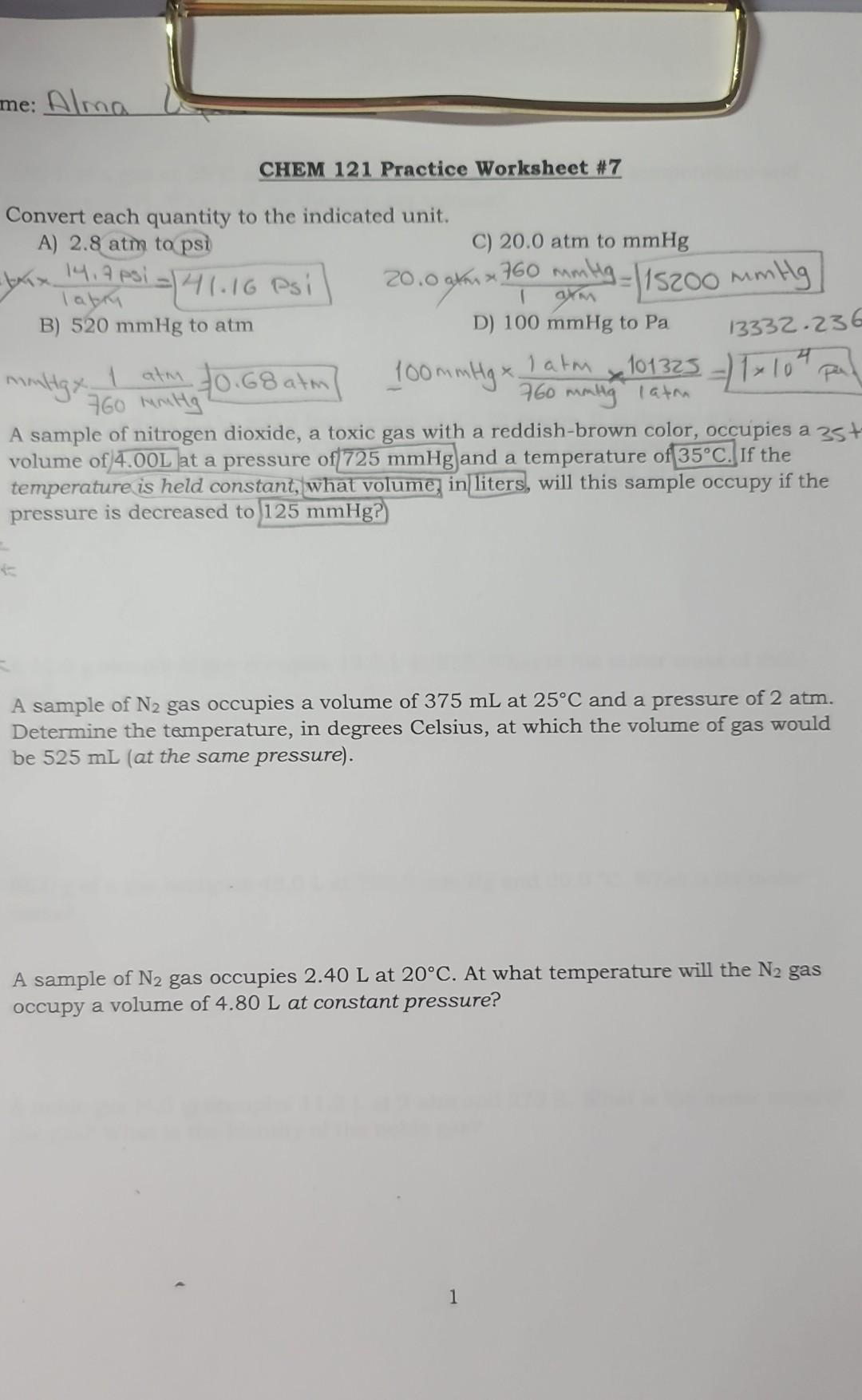 Solved CHEM 121 Practice Worksheet \#7 Convert each quantity | Chegg.com