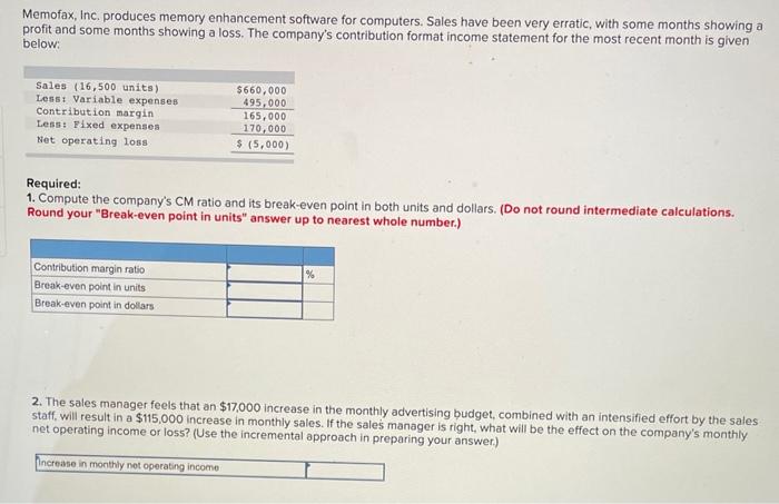 Solved Memofax, Inc. produces memory enhancement software | Chegg.com