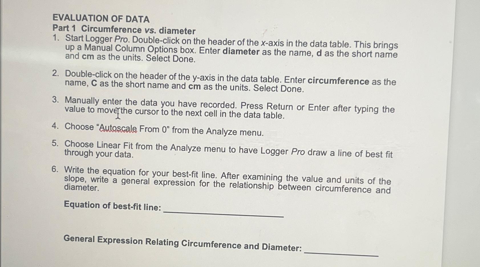 Solved EVALUATION OF DATAPart 1 ﻿Circumference vs. | Chegg.com