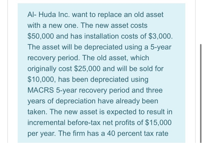 Al-Huda Inc. want to replace an old asset with a new | Chegg.com
