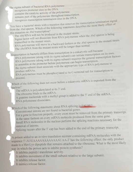 Solved The sigma subunit of bacterial RNA polymerase | Chegg.com