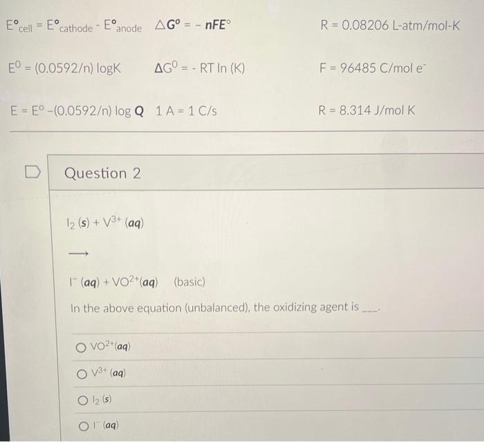 Solved Ecell 0=Ecathode 0−Eanode | Chegg.com