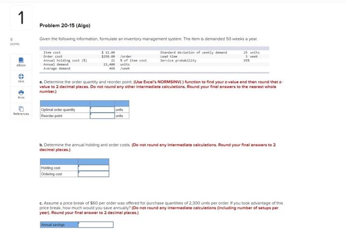 Solved 1 Problem 20-15 (Algo) Given the following | Chegg.com