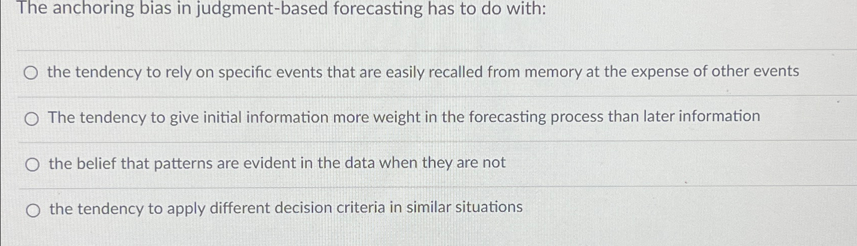 Solved The anchoring bias in judgment-based forecasting has | Chegg.com
