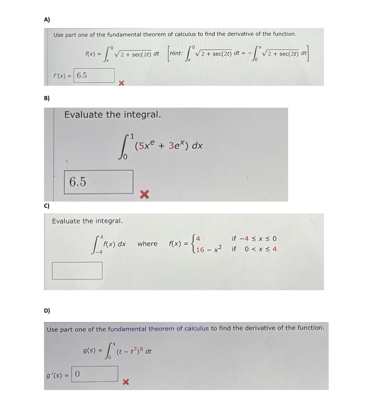 Solved A)Use part one of the fundamental theorem of calculus | Chegg.com