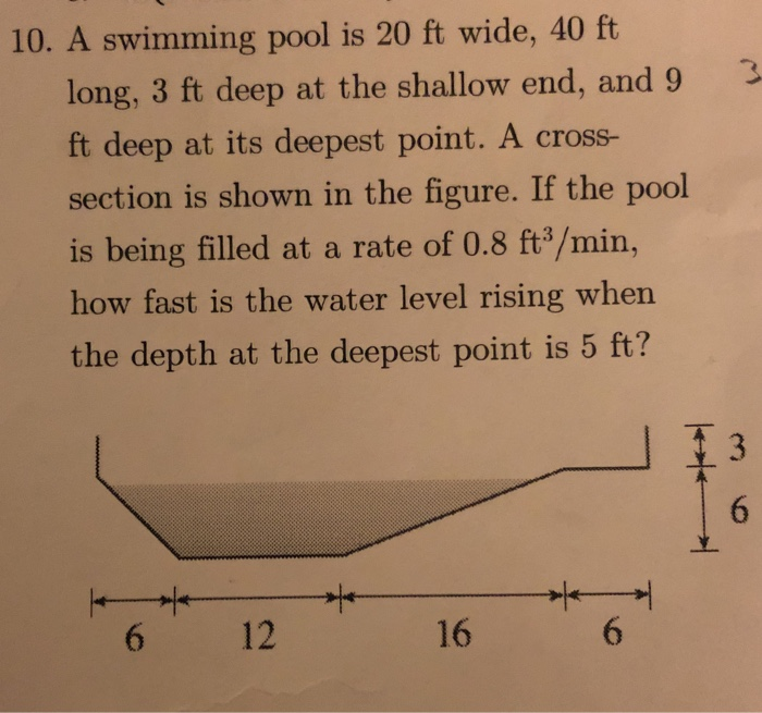 Solved 10. A swimming pool is 20 ft wide, 40 ft 3 long, 3 ft | Chegg.com