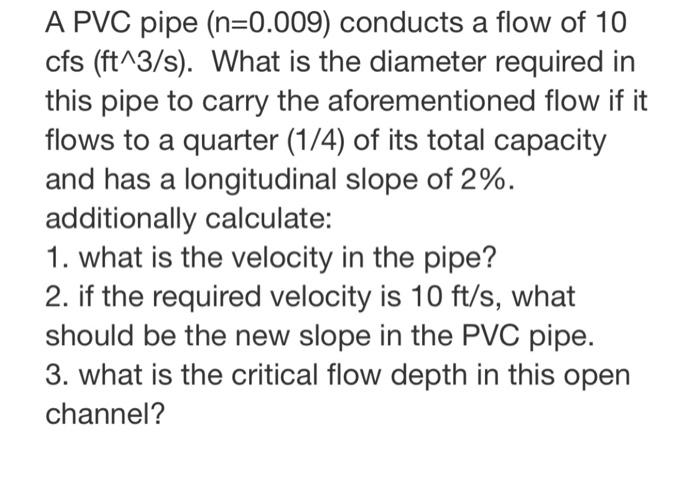 A PVC pipe (n=0.009) conducts a flow of 10 cfs | Chegg.com