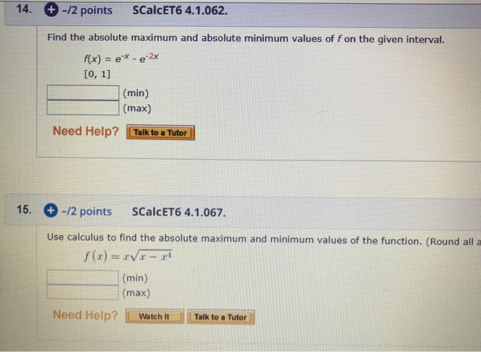 Solved 14. + -/2 points SCalcET6 4.1.062. Find the absolute | Chegg.com