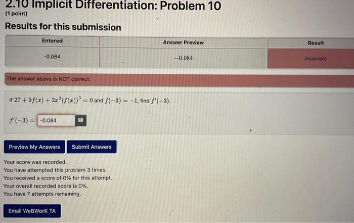 Solved 2.10 Implicit Differentiation: Problem 10 (1 point) | Chegg.com