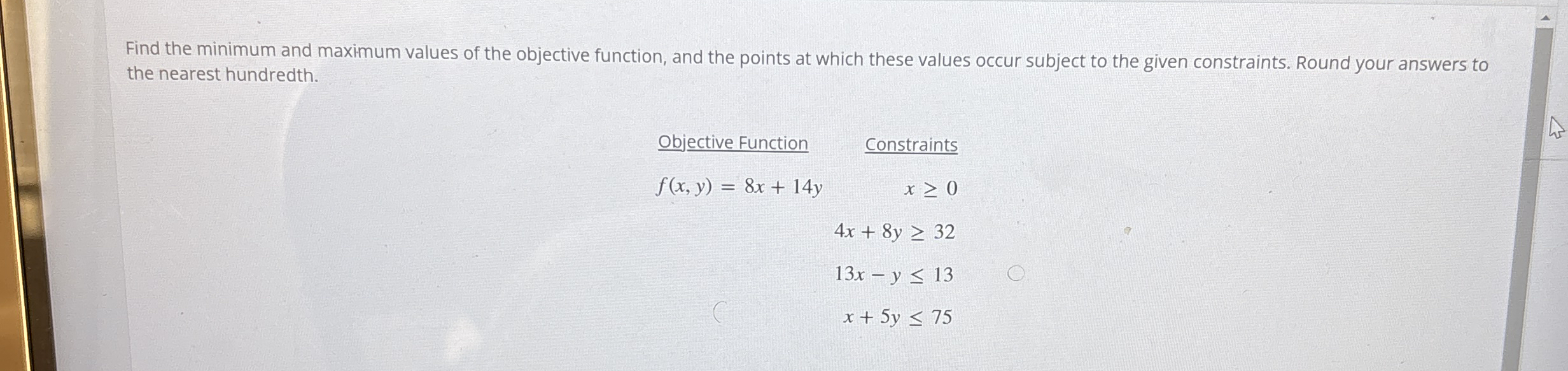 Solved Find the minimum and maximum values of the objective | Chegg.com