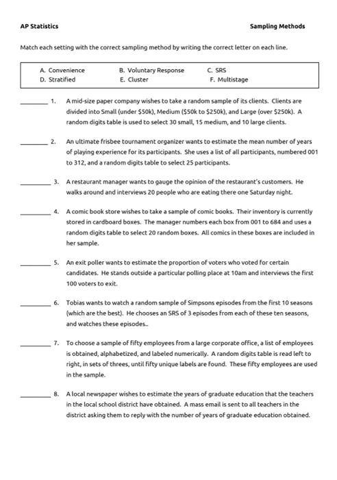 Solved Match each setting with the correct sampling method | Chegg.com