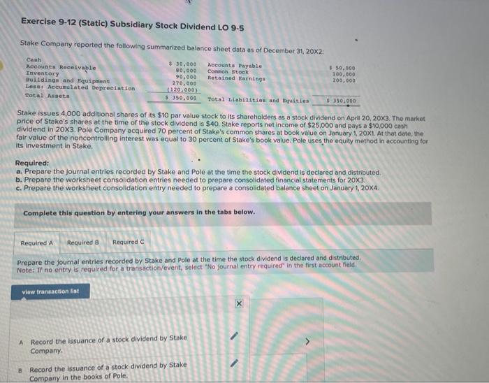 Solved Exercise 9-12 (Static) Subsidiary Stock Dividend LO | Chegg.com
