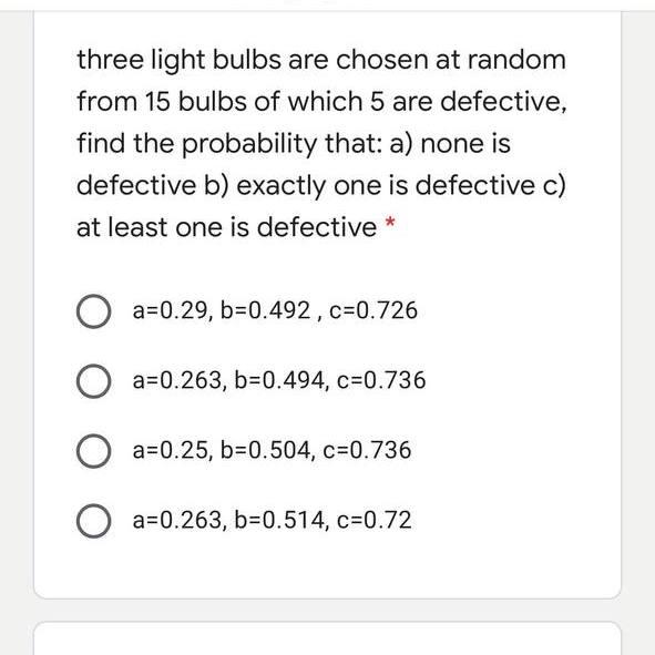 Solved three light bulbs are chosen at random from 15 bulbs | Chegg.com