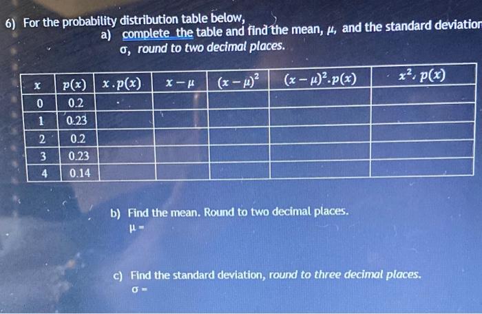 Solved 6) For the probability distribution table below, a) | Chegg.com