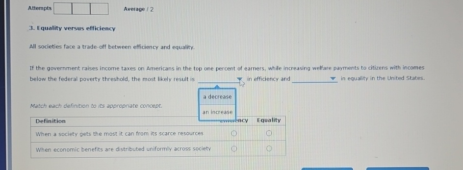 Solved AttemptsAverage / 23. ﻿Equality versus efficiencyAll | Chegg.com