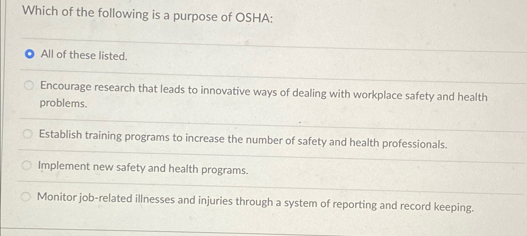 Solved Which of the following is a purpose of OSHA:All of | Chegg.com